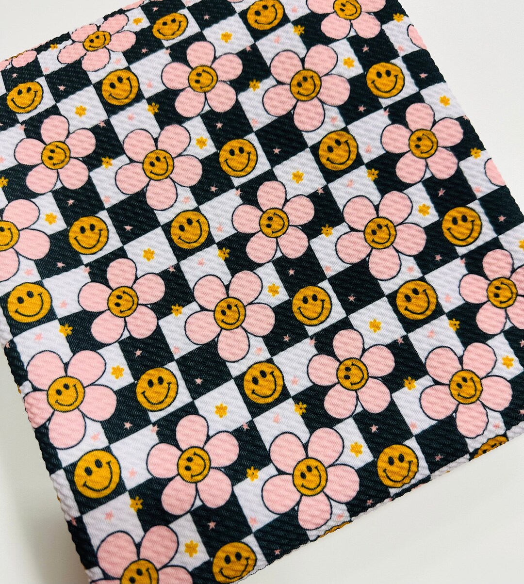 Ready to Ship Bullet Fabric Black & White Plaid Retro Smiley Face Floral Makes Great Bows, Head ...