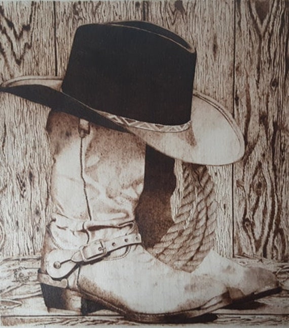 1 Hand Made Pyrography Picture of Cowboy Boots Hat and Lasso - Etsy UK