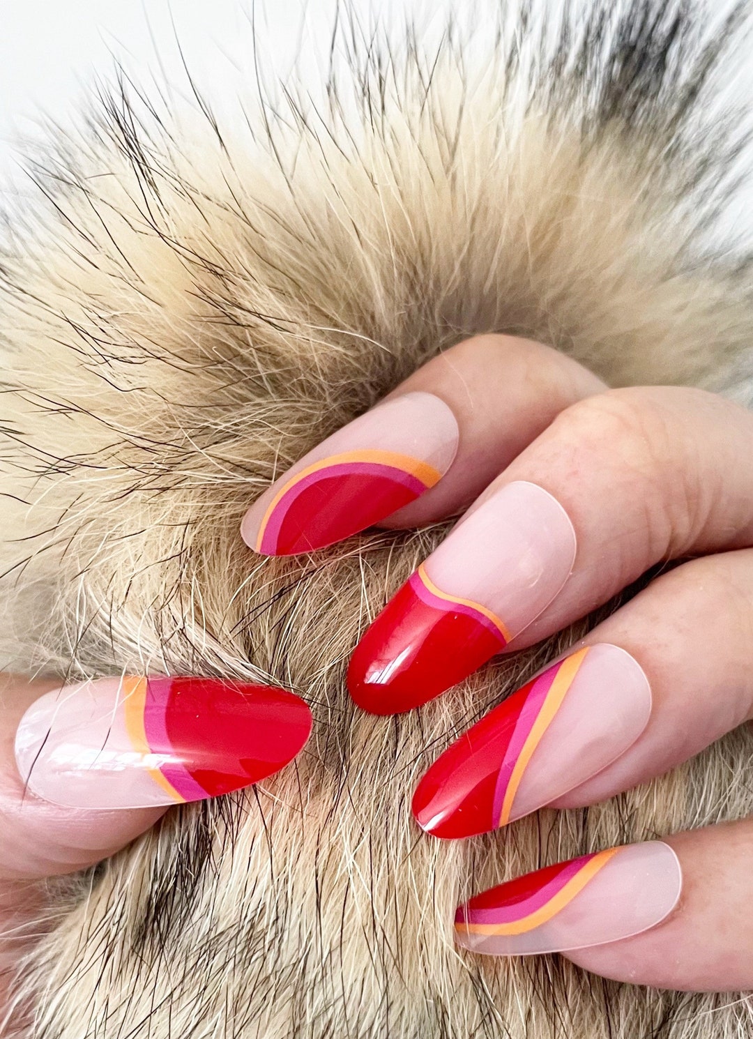 Handmade Press on Nails | Long Round Nails | Glossy Red Wavy Nails ...