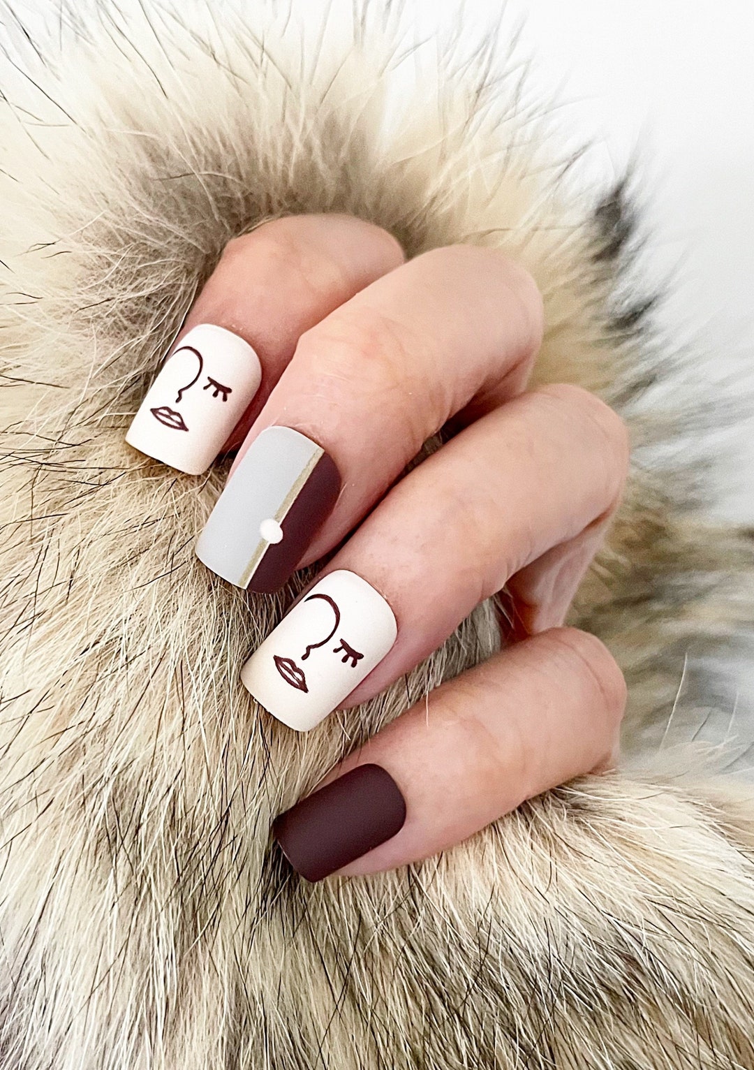 Handmade Press on Nails | Matte Abstract Face Nails | Square Nails ...