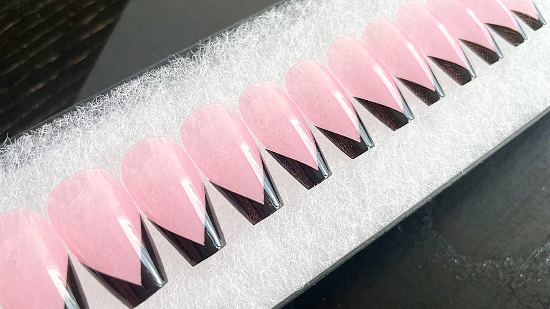Handmade Glossy Pink Press on Nails: Black V-tip Coffin Nails - Etsy