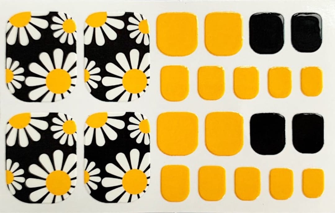 Daisy Toe Nail Stickers: Black & Yellow Self-adhesive Nail Polish ...
