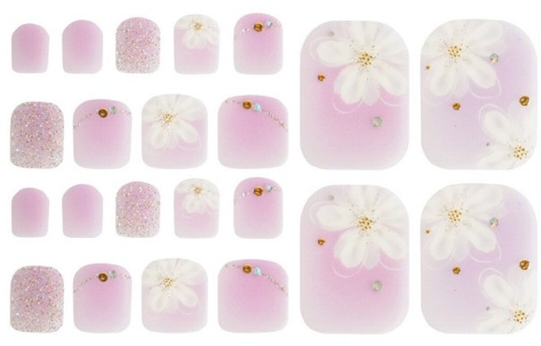 Pink Flower Toe Nail Sticker Self-adhesive Glitter False Nails, Toe ...