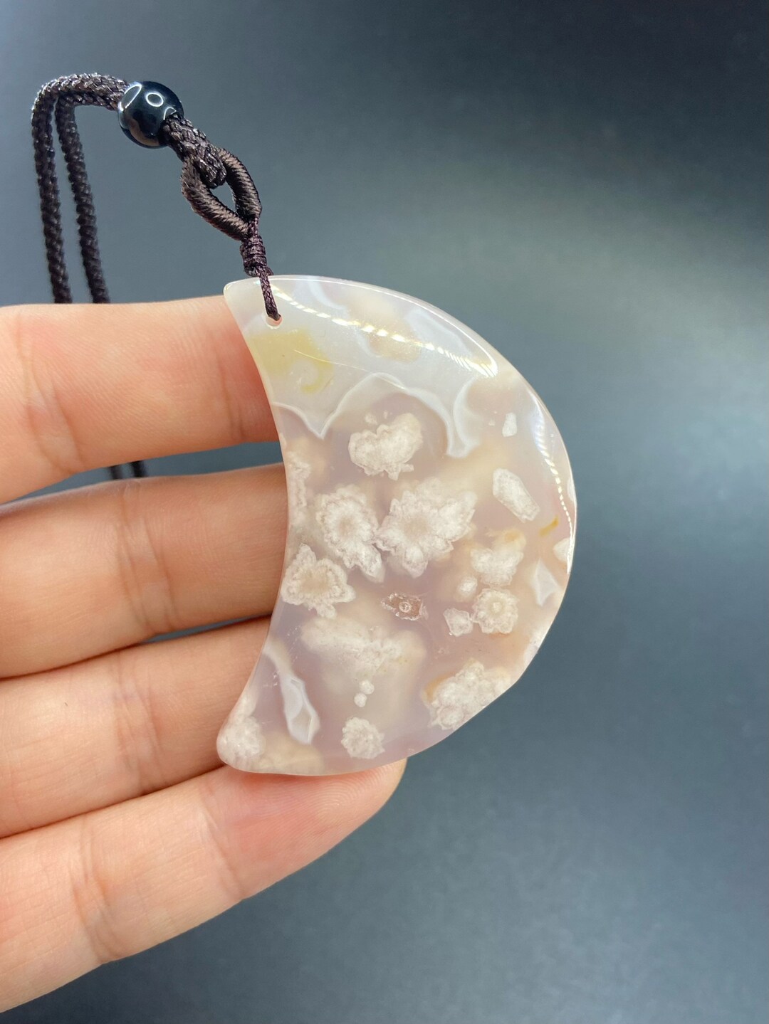 Natural Cherry Blossom Agate Moon Shaped Pendant Necklace, Flower Agate ...
