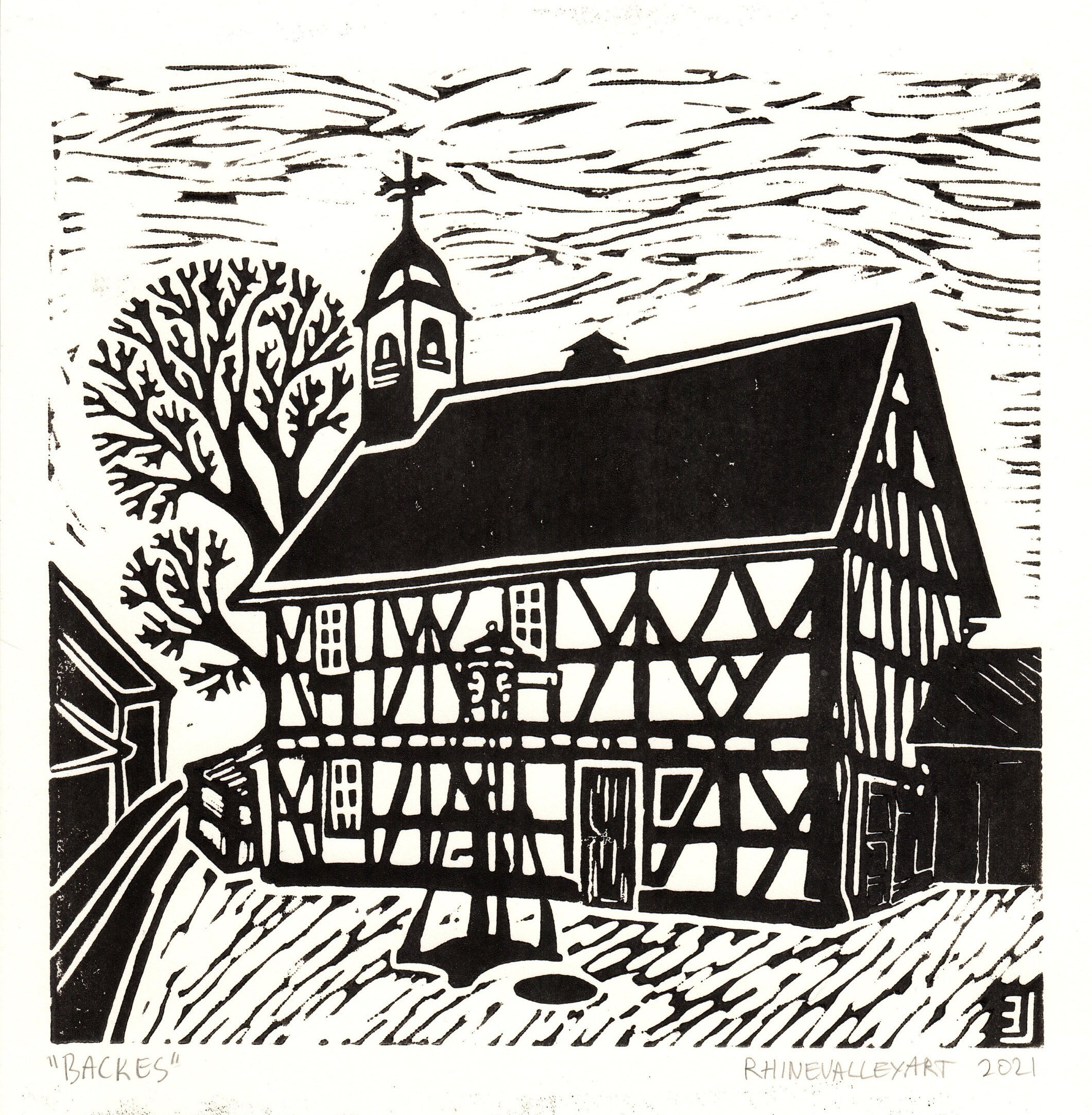 Old Bakery "backes" Timber Frame Cottage - Handmade Linocut Print ...