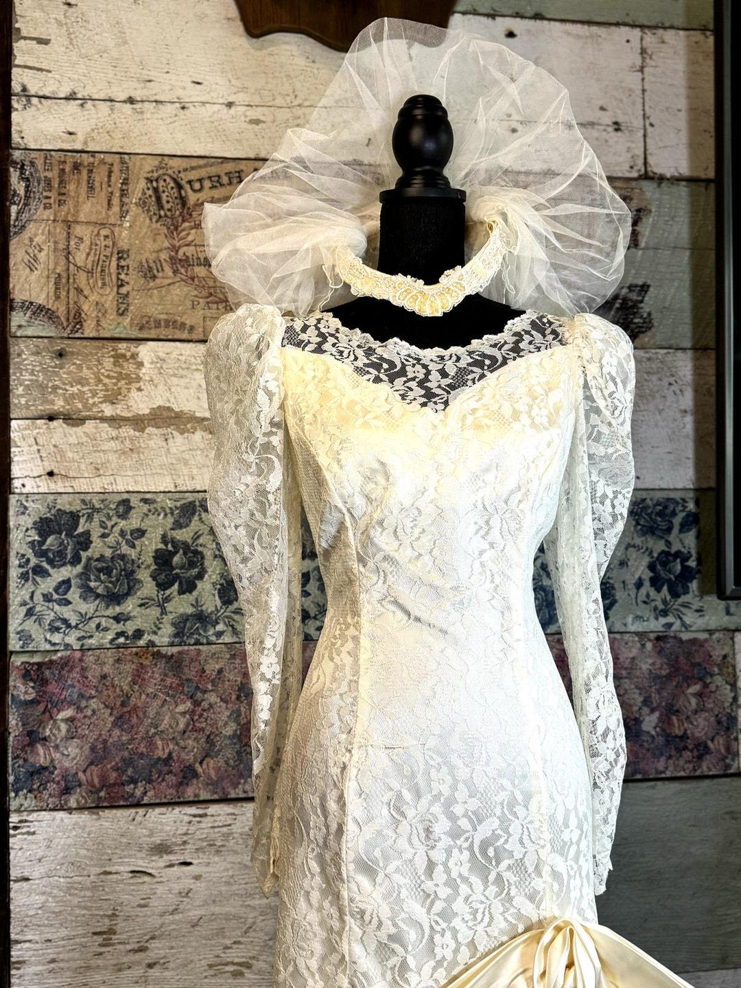 Vintage 80's Wedding Dress and Poof Veil Puffy Sleeves Big Bow Satin ...