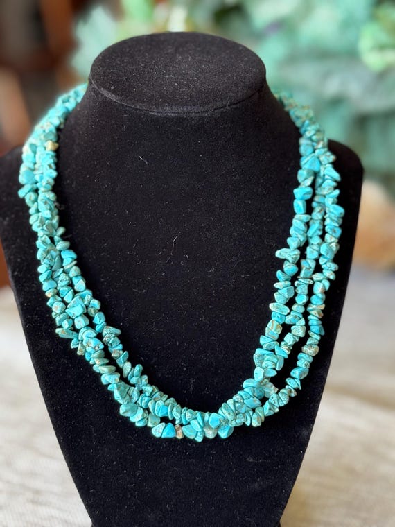 Turquoise Statement Necklace-3 Strand Beaded Turquois… - Gem