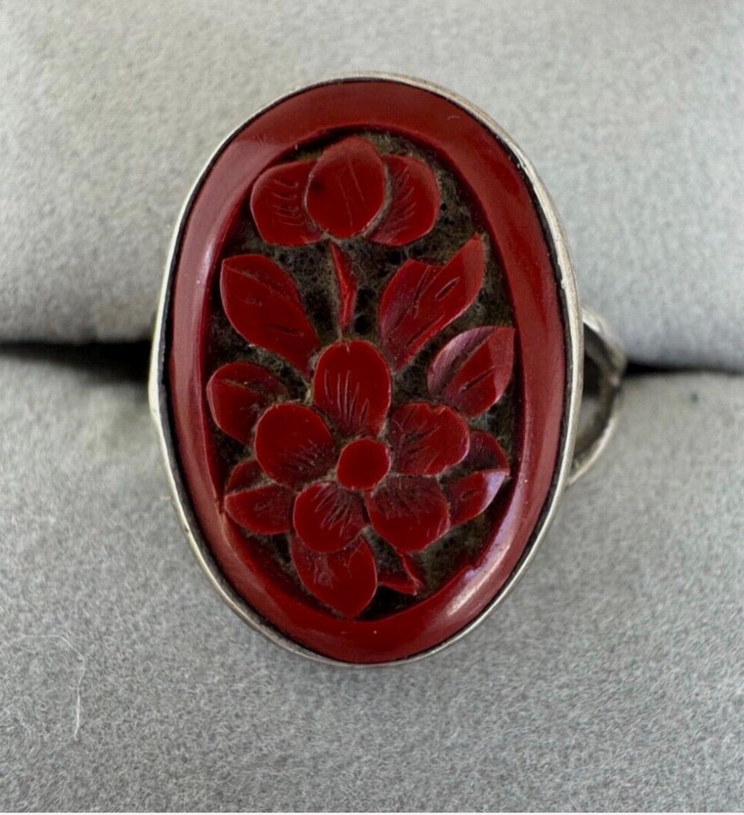 Vintage Carved Floral Cinnabar Ring Size 8 Stamped Mexico 925 Sterling ...