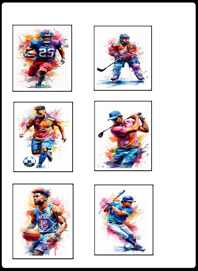 Set of 6 Colorful Sport Figures Watercolor Art Baseball, Hockey ...