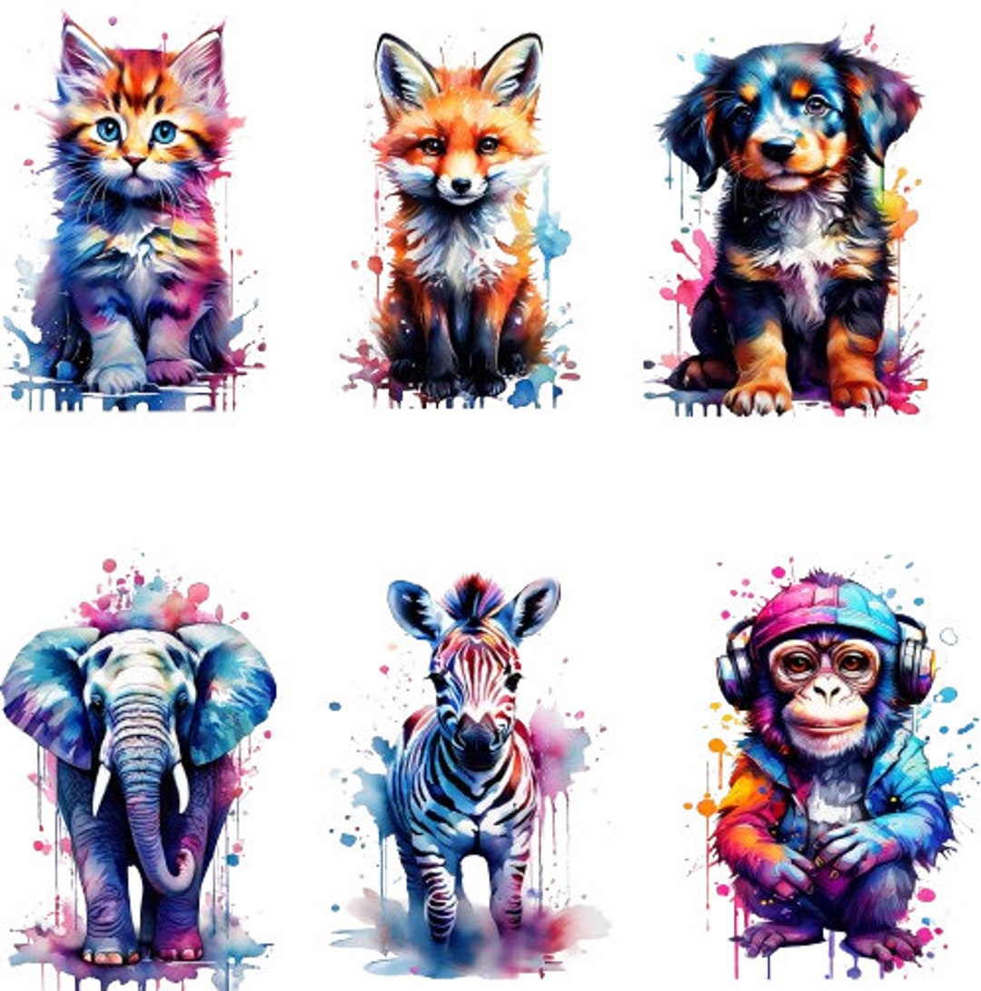 Set of 6 Colorful Cute Baby Animals Watercolor Art Zebra, Kitten ...