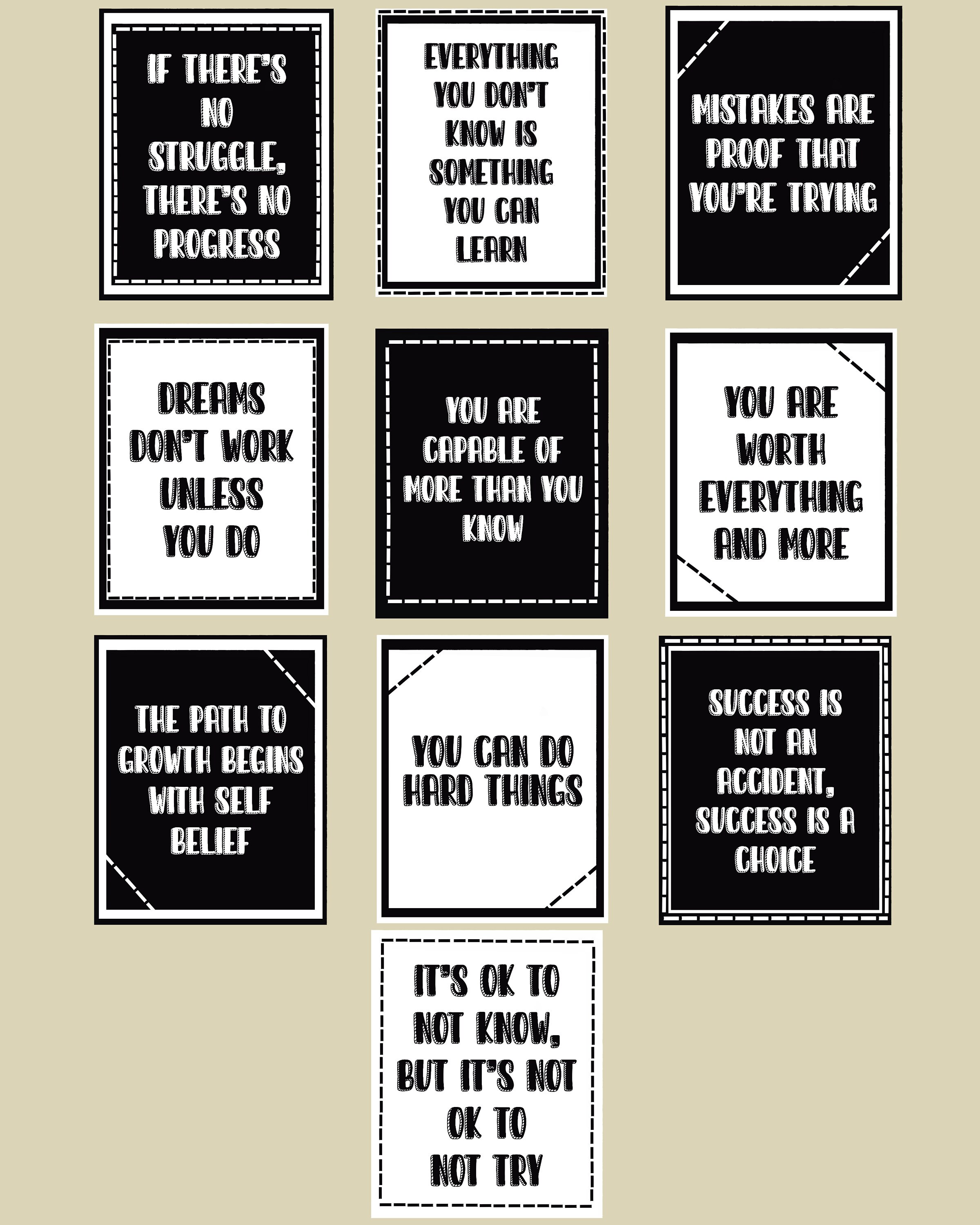 Black and White Growth Mindset Set of 10 Classroom Posters, Homeschool ...