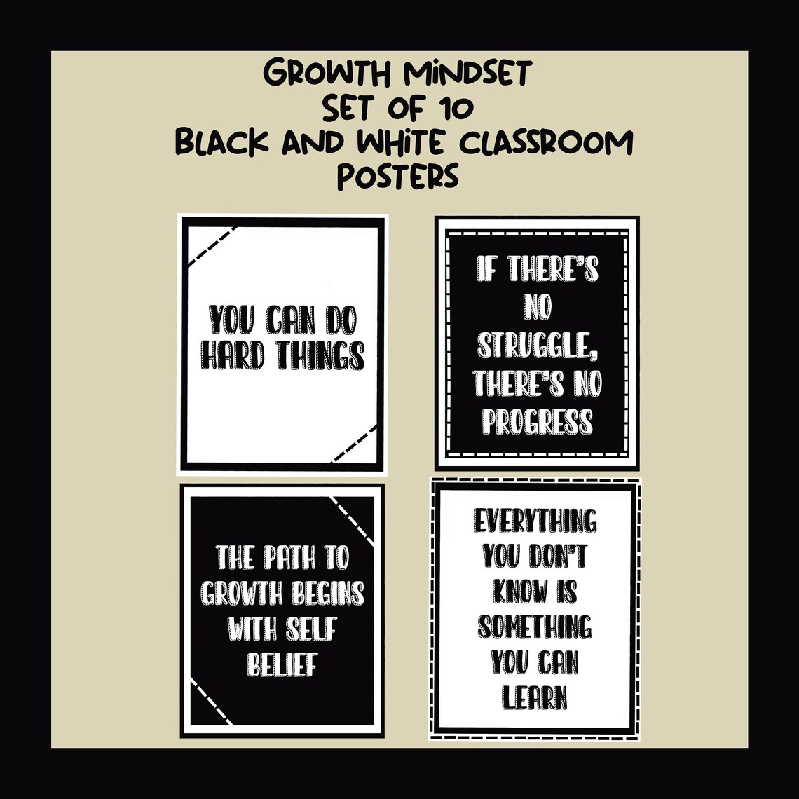 Black and White Growth Mindset Set of 10 Classroom Posters, Homeschool ...