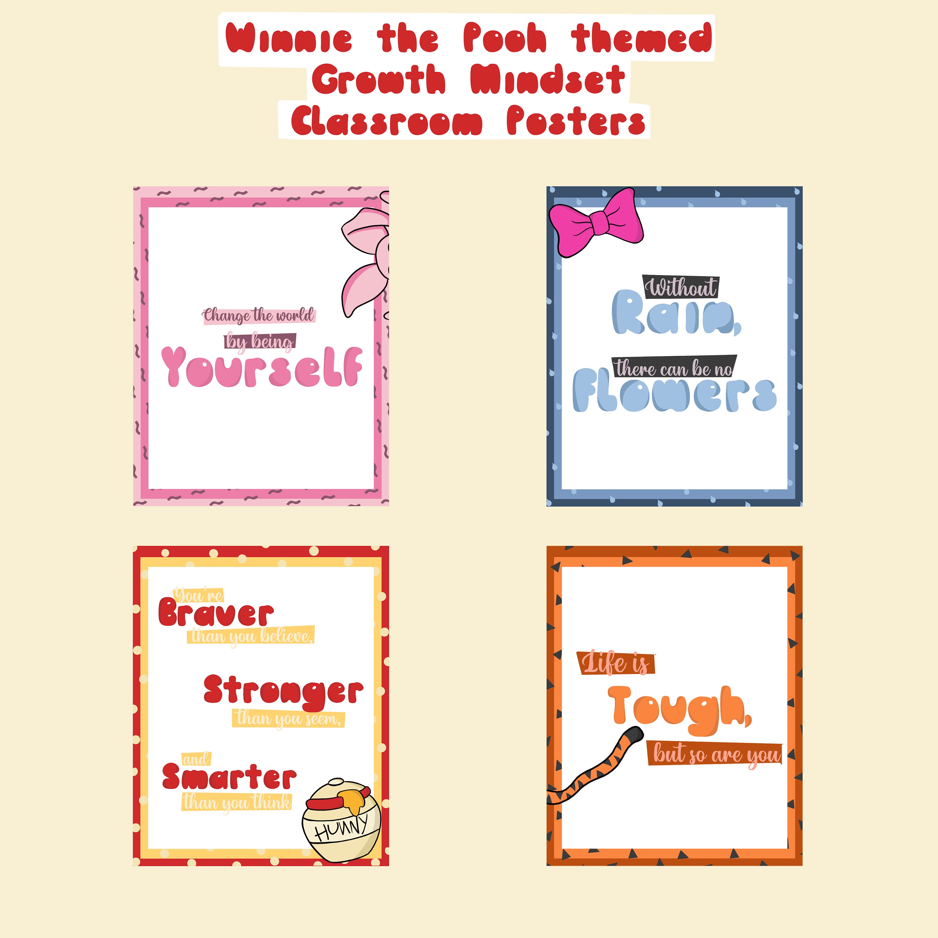 Winnie the Pooh Growth Mindset Set of 4 Classroom Posters, Homeschool ...