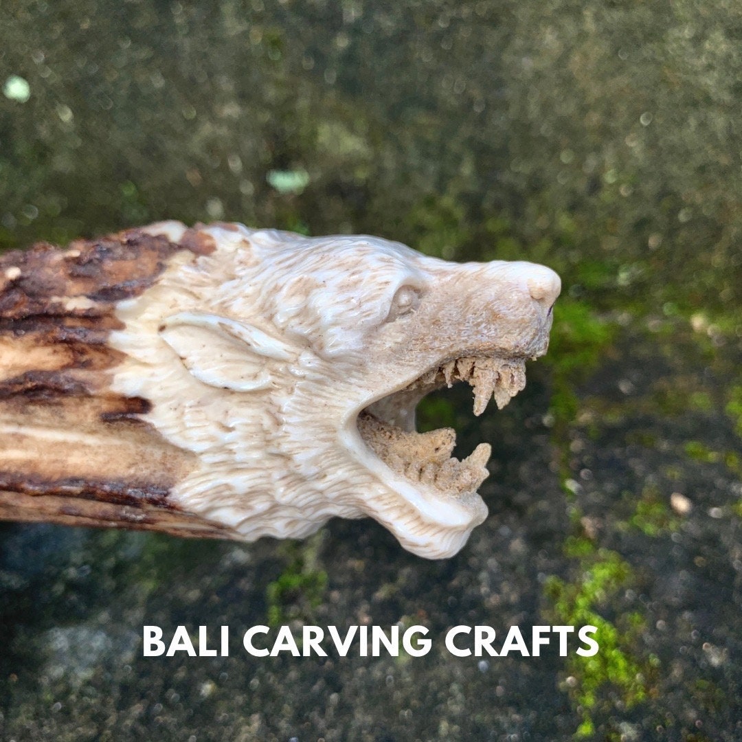Carved Antler Art Wolf Dog Animal Knife Handle, Hand Carved Antler ...