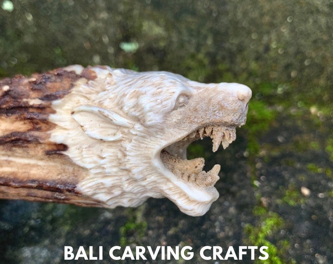Carved Antler Art Wolf Dog Animal Knife Handle, Hand Carved Antler ...