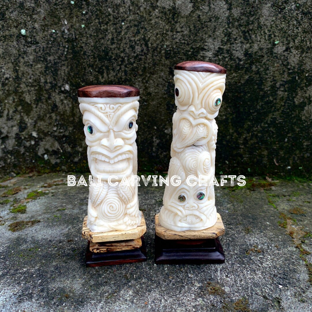Carved Set of 2 Totem Tiki Figurine of Cow Bone, Hand Carved Bone Tiki ...