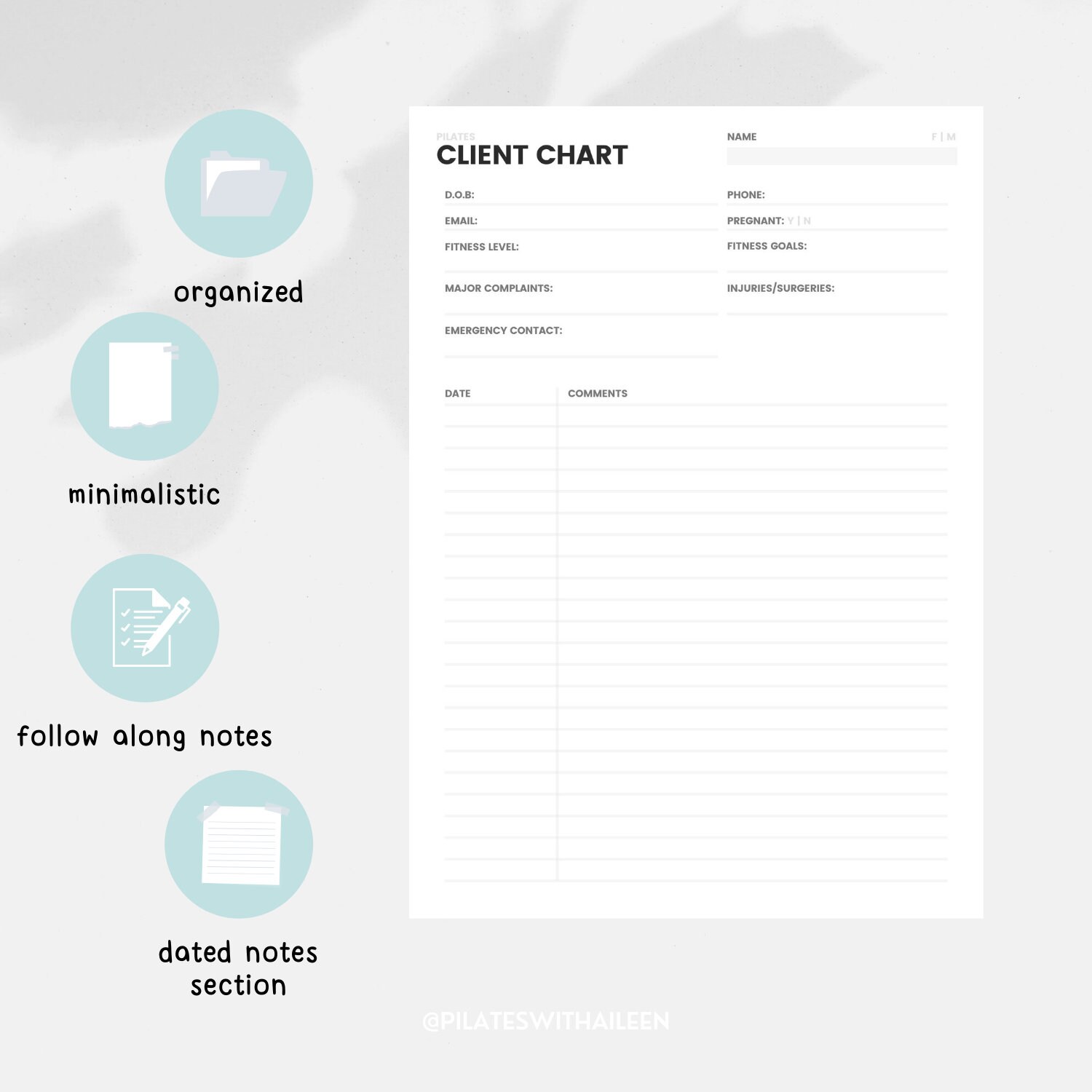 Pilates & Fitness | Minimalistic Client Intake Form + Chart | Class ...