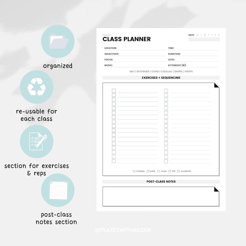 Pilates Class Planner Template | Printable Journal Notes & Digital ...