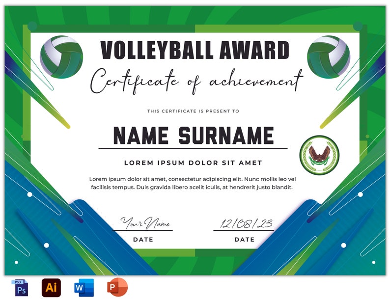 Editable Girls Volleyball Achievement Certificate Template - Etsy