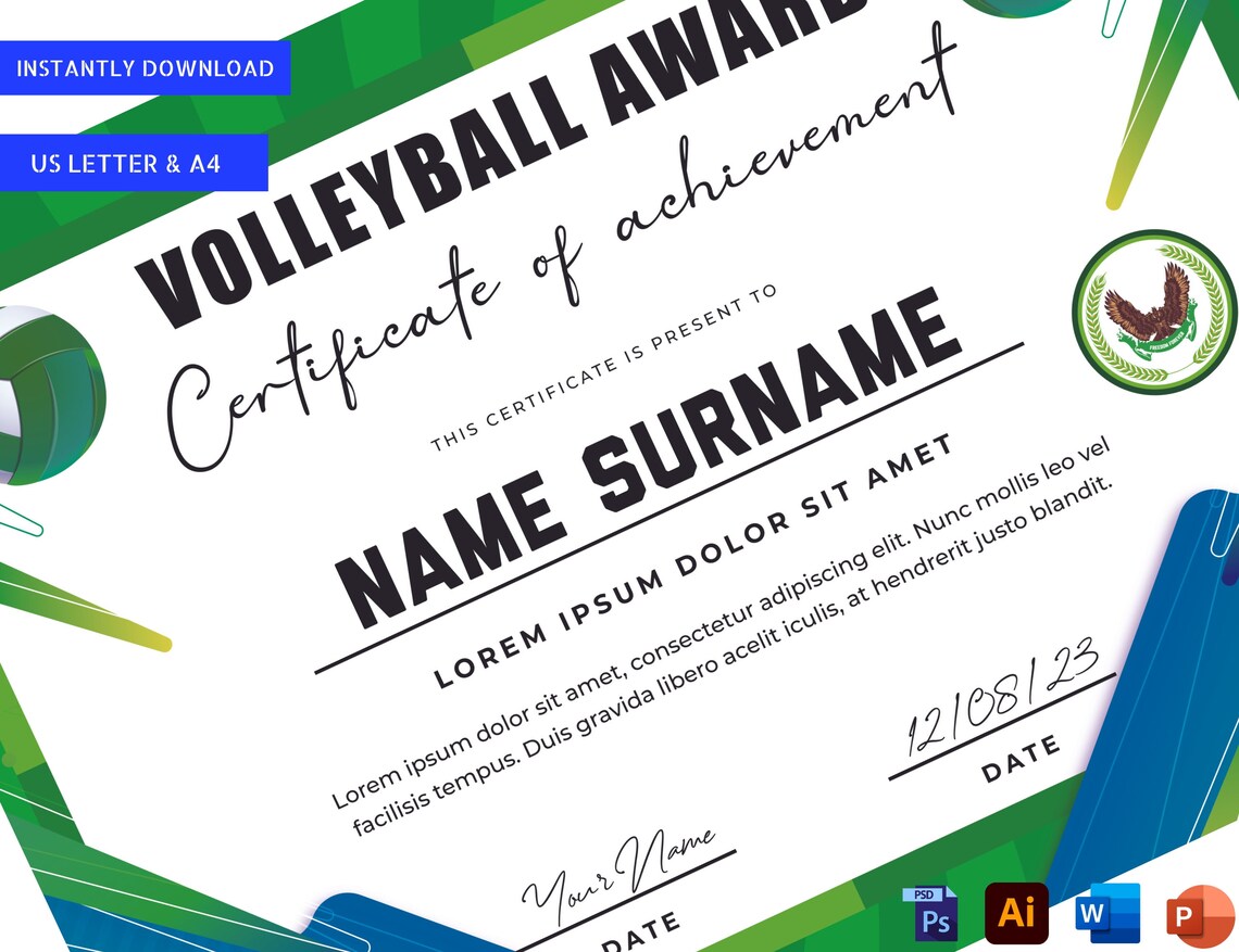 Editable Girls Volleyball Achievement Certificate Template - Etsy
