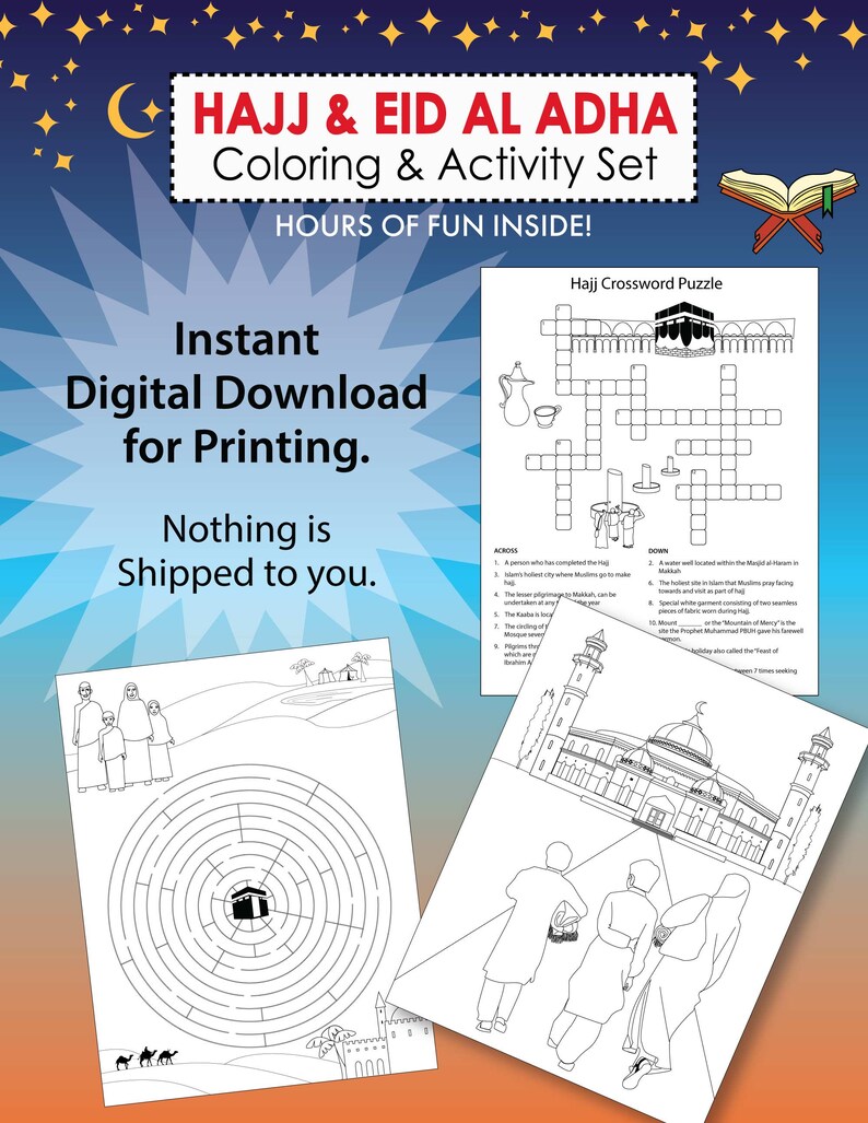 Islamic Coloring and Activity Set Printable Hajj & EID Gift Muslim 12 ...