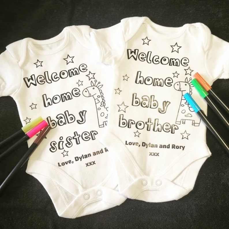 Personalised Colour in Baby Vest for Siblings. Colouring Sleepsuit ...