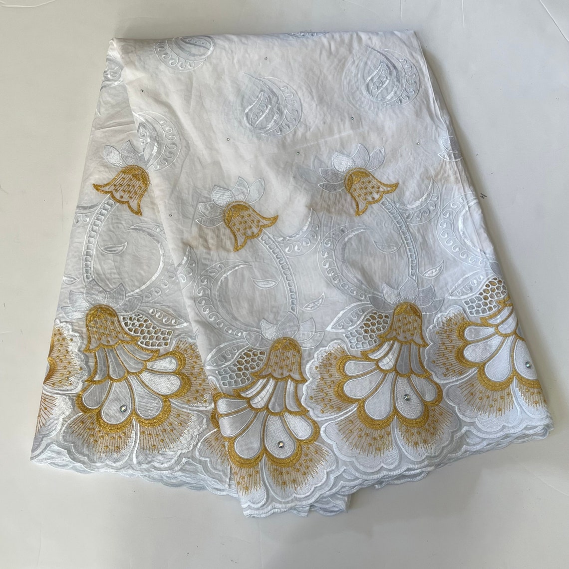White and Gold Multicolor Embroidered Cotton Lace Brodé Lafaya Fabric ...