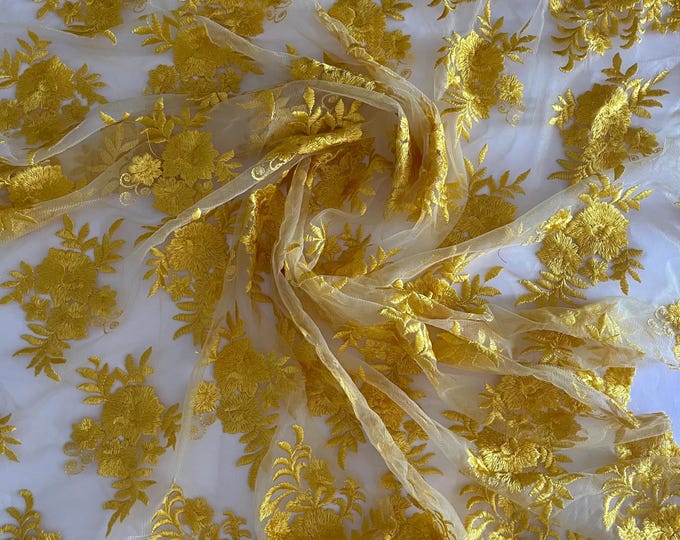 Yellow Floral Embroidered Lace Sheer Fabric With Scalloped Edges - Etsy
