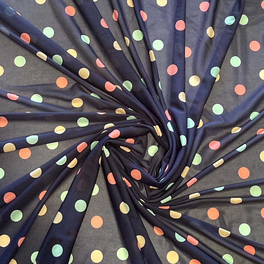 Navy Blue Polka Dot Multicolor Poly Print Stretchy Sheer Fabric - by ...