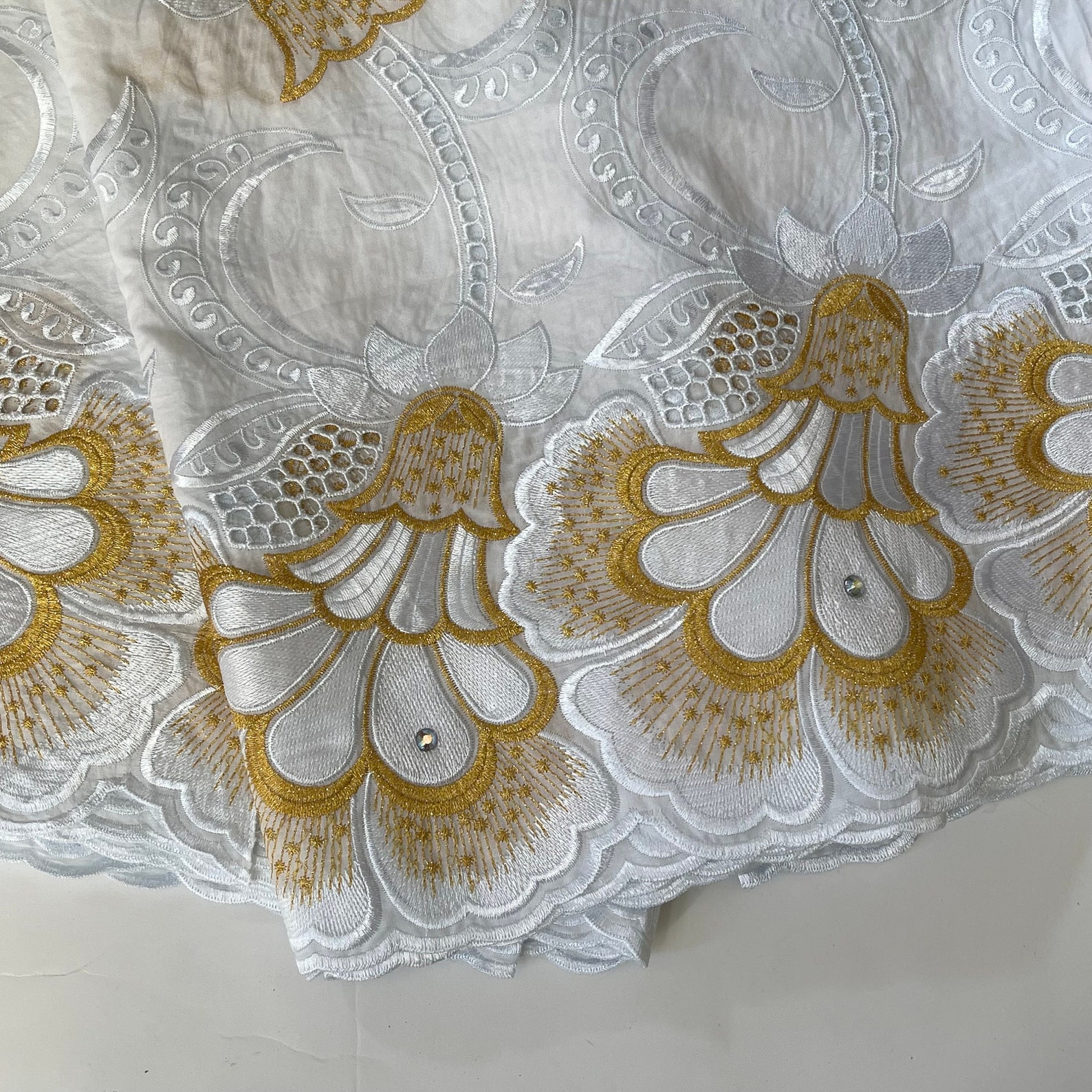White and Gold Multicolor Embroidered Cotton Lace Brodé Lafaya Fabric ...