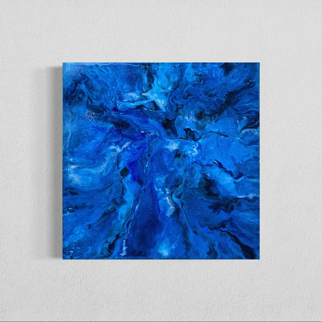 Blue Ocean Marble Shades of Blue Acrylic Pour Abstract Square Original ...