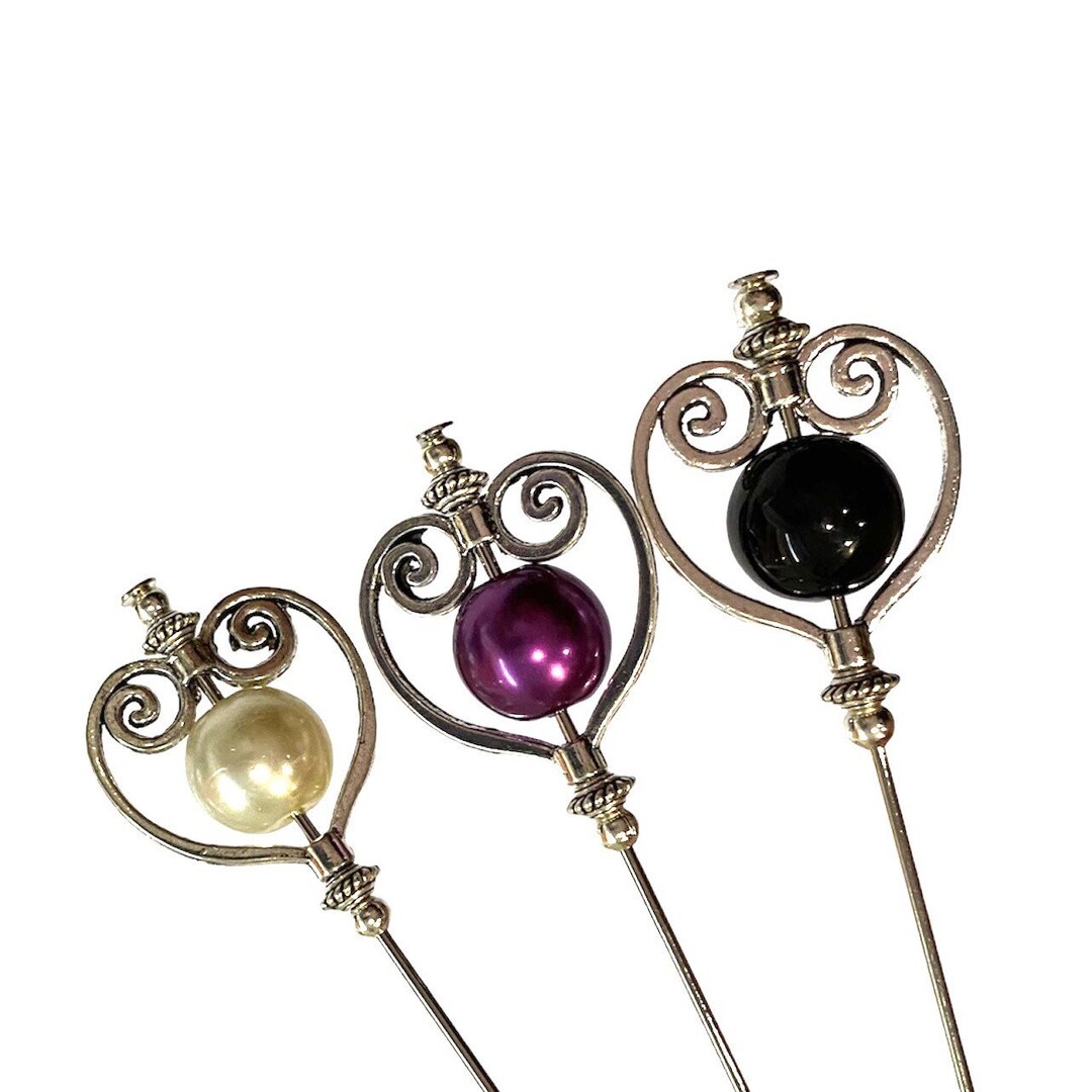 Silver Hat Pins , Long Pins, Vintage Antique Style, Stick Pins, in a ...