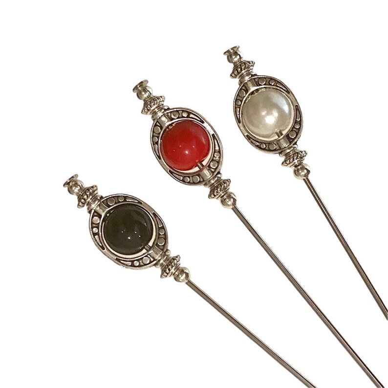 3 X Hat Pins Black White Red , 3 Long Hat Pins, Vintage Antique Style ...