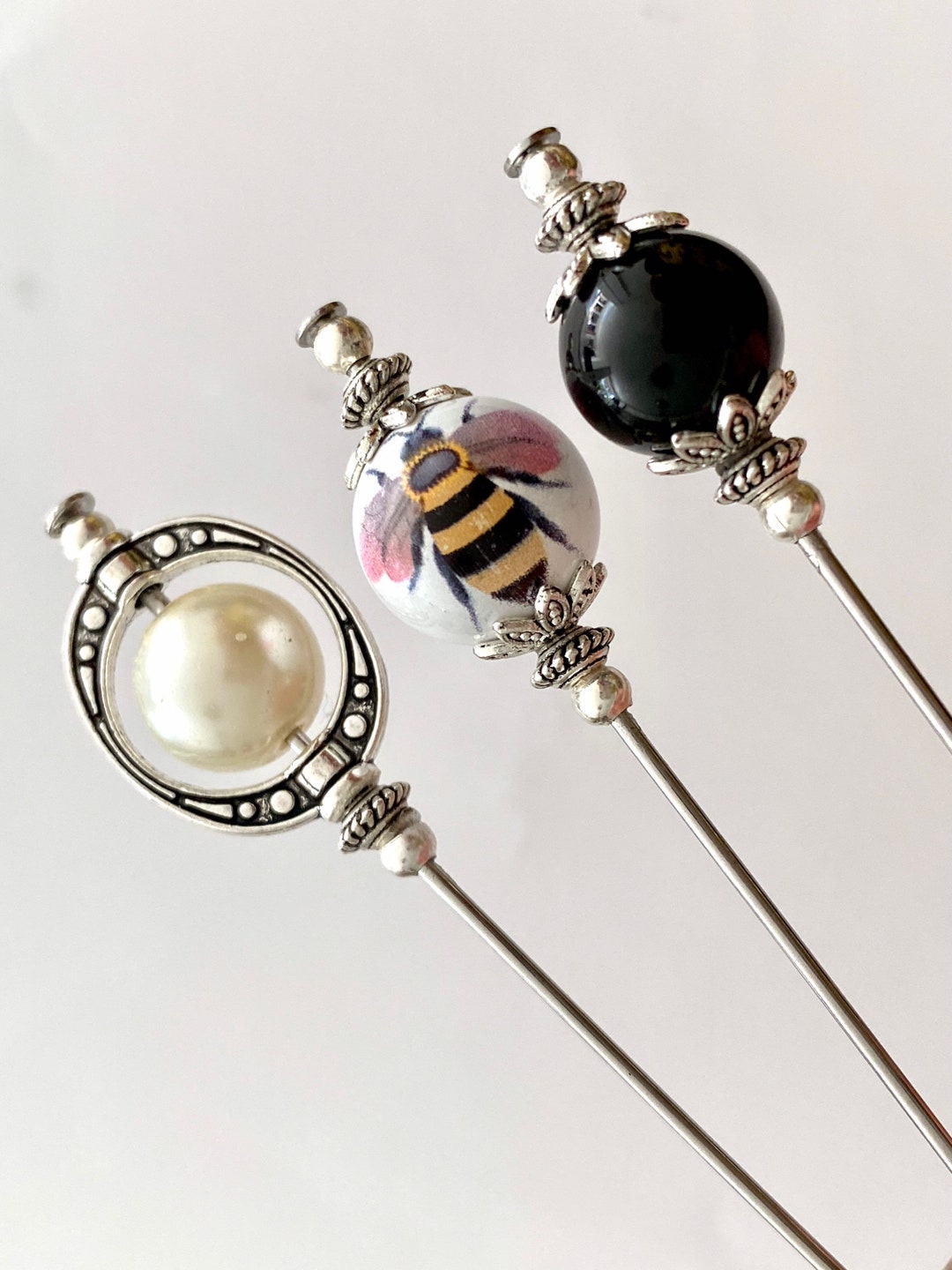Tibetan Silver Hat Pins, Bee, Pearl, Onyx, Set of 3 - Etsy