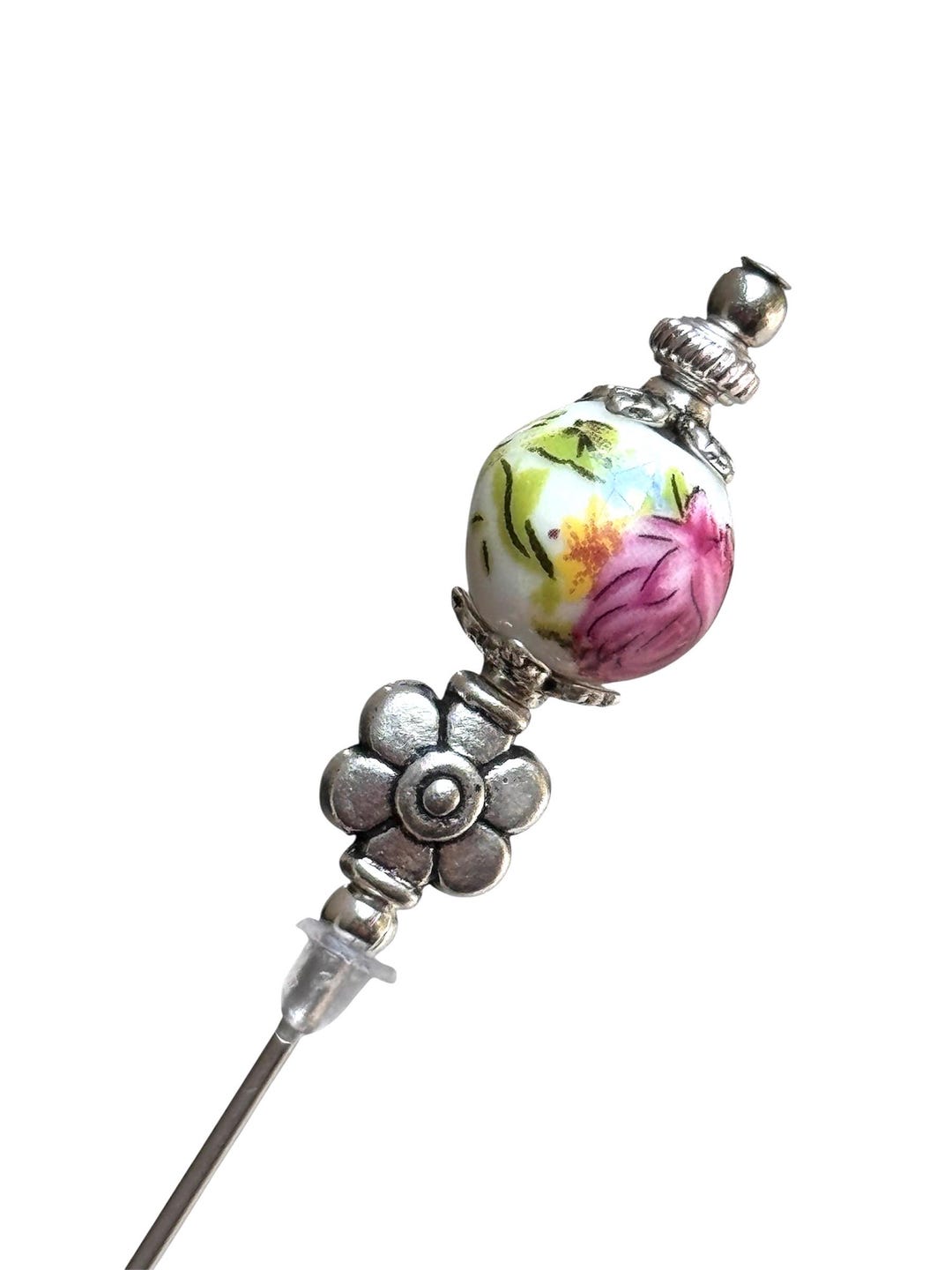 Tibetan Silver Hat Pin, Ceramics Floral Bead Hat Pin, Long Hat Pin in a ...