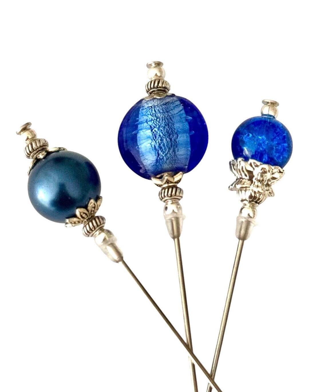 Elegant Blue Beaded Hat Pins- Handmade Vintage Style Stick Pins ...
