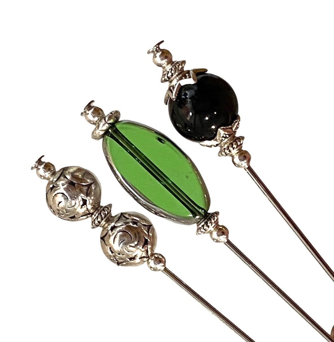 3 X Hat Pins Green, Black Hat Pin Silver Stick Pin, Tibetan Silver Hat ...
