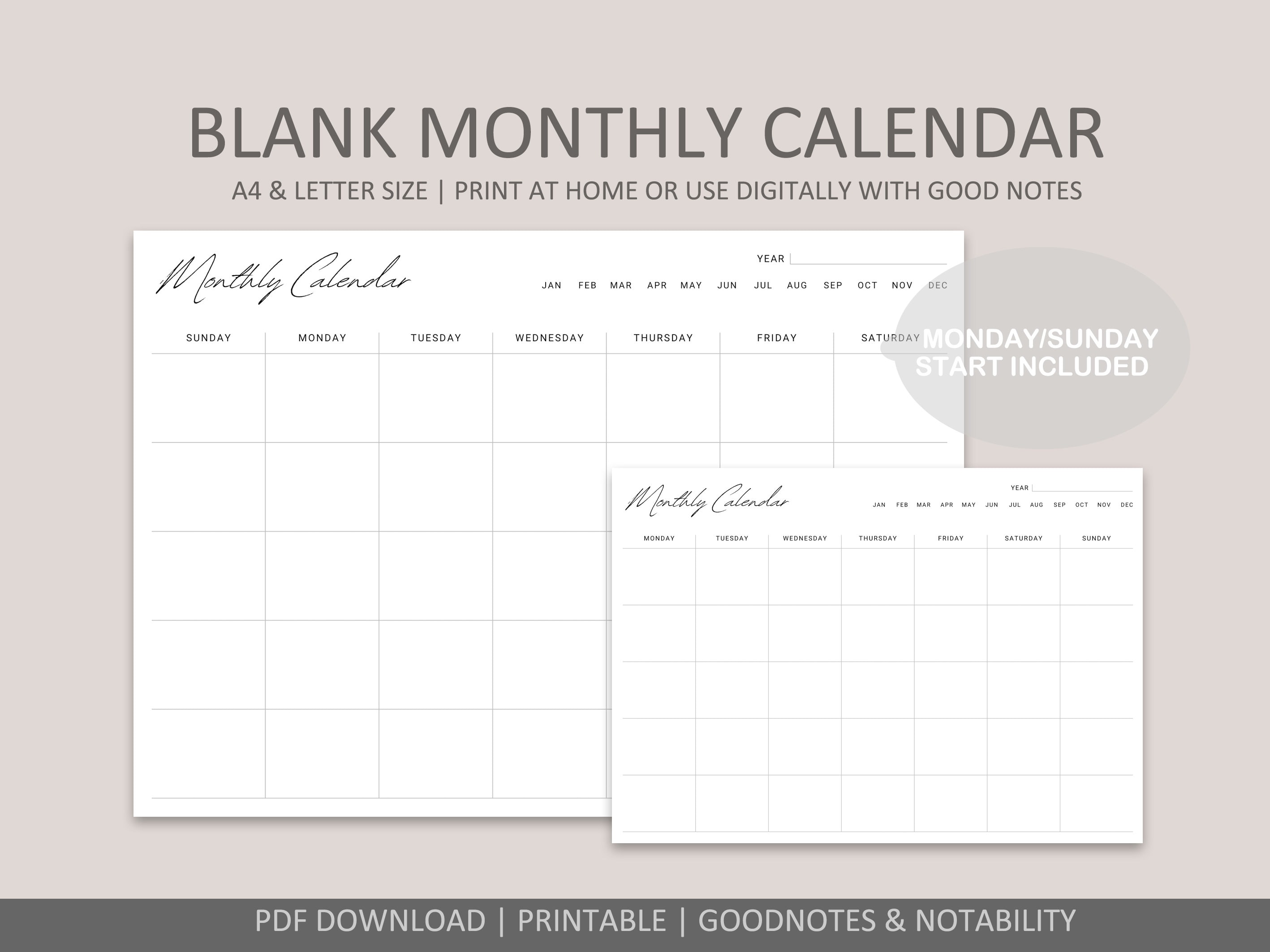 Undated Monthly Calendar Printable Landscape Minimalist - Etsy