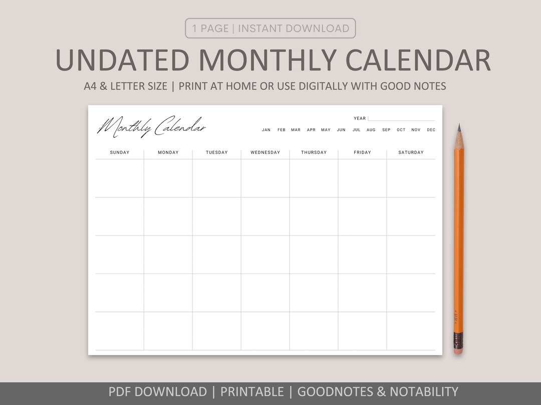 Undated Monthly Calendar Printable Landscape, Minimalist Calendar ...