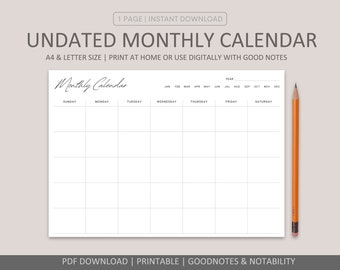 Undated Monthly Calendar Printable Landscape, Minimalist Calendar ...