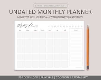 Undated Printable Monthly Planner Sheet Landscape Digital A4 Letter - Etsy