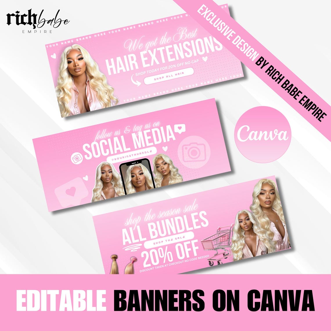 Editable Hair Extension Website Banners, DIY Canva Templates - Etsy
