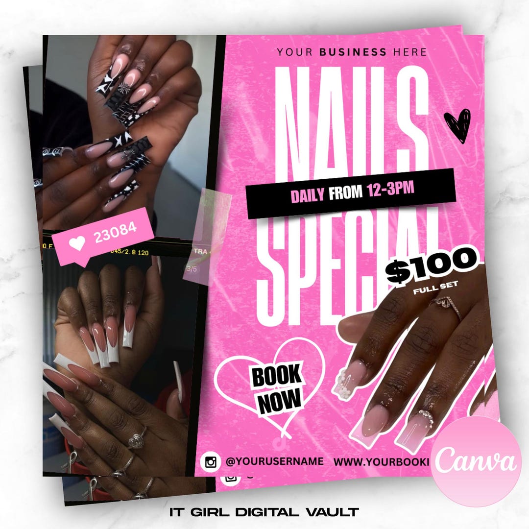 Editable Nail Specials Flyer: Acrylic Nails, Book Now, Canva Template ...