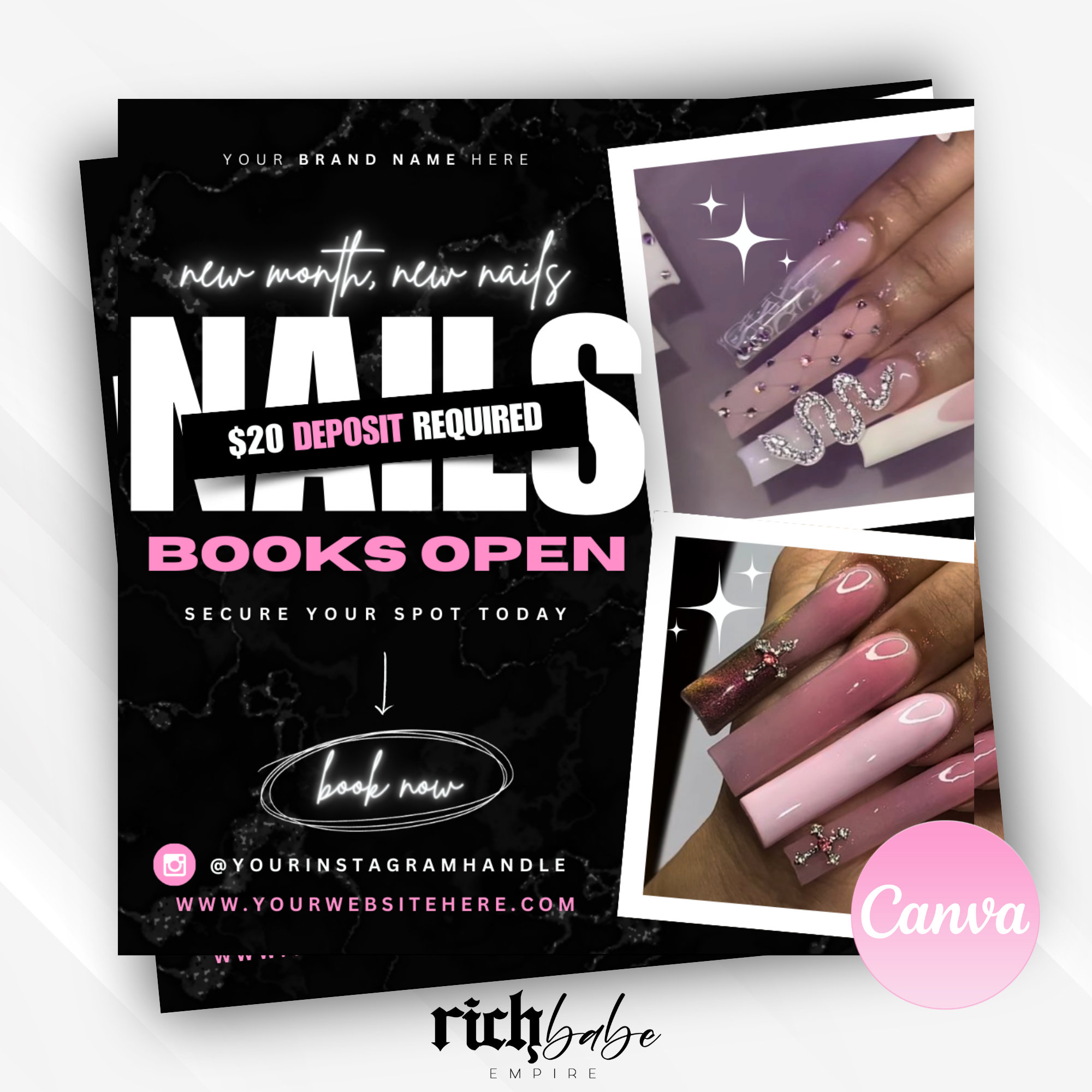 Editable Nail Bookings Flyer, Acrylic Nails, Canva Template - Etsy
