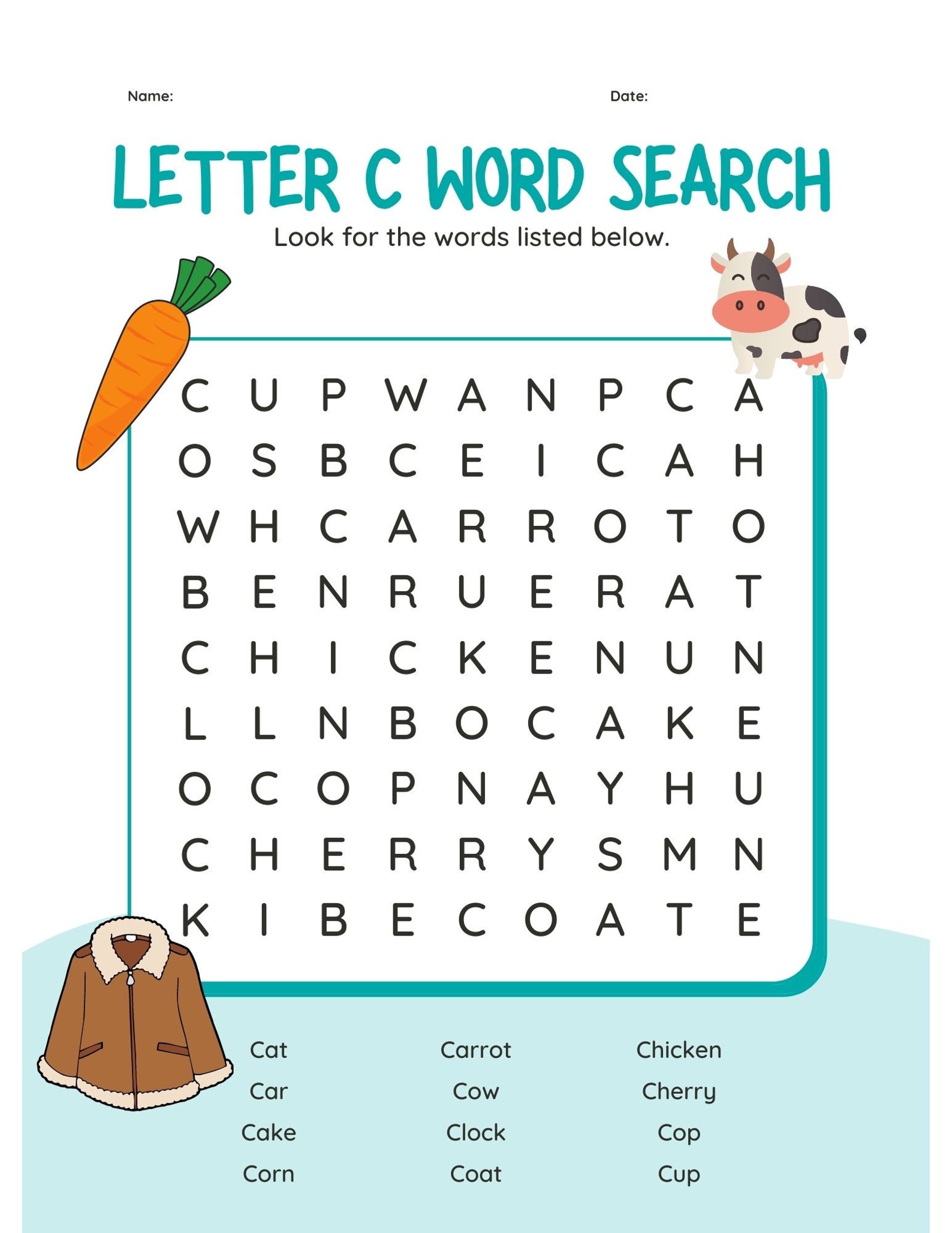 Letter C Word Search - Etsy