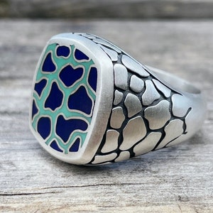 Handmade Sterling Silver Signet Ring: Blue Turquoise Enamel - Etsy