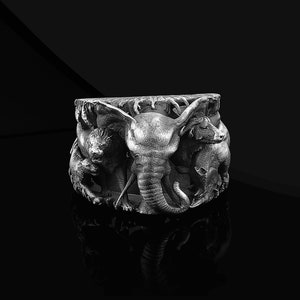 African African Bush Elephant Men's Ring, Men's Lion Ring, Silver ...