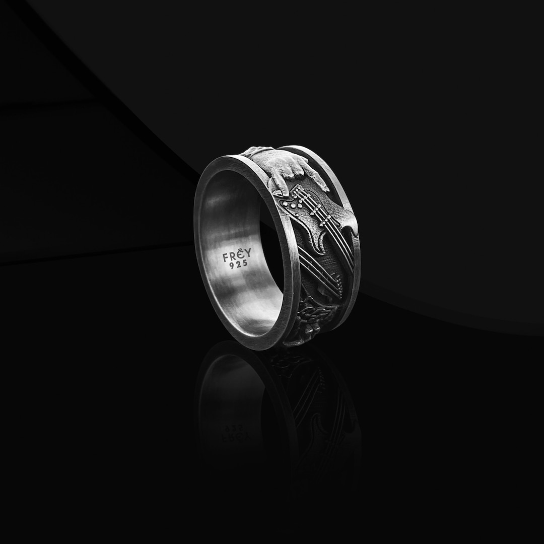 Rockn Roll Silver Wedding Band Ring Gift for Men, Guitar Ring Rocker ...