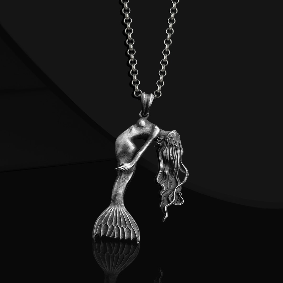 Mermaid Siren Charm Oxidized Silver Necklace, Whimsical Mermaid Pendant ...