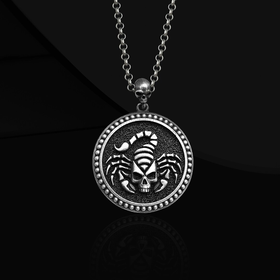 Scorpio Memento Mori Sterling Silver Necklace: Goth Zodiac Skull Coin ...